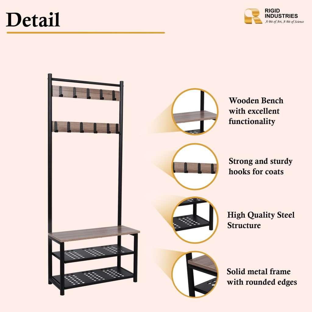 Steel Coat Rack Stand with Wooden Top Bench & Shelves - Rigidindustries