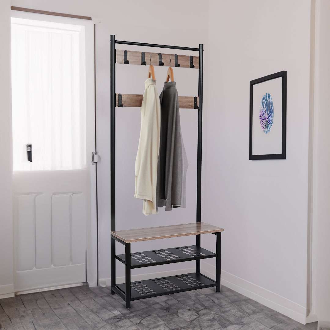 Steel Coat Rack Stand with Wooden Top Bench & Shelves - Rigidindustries
