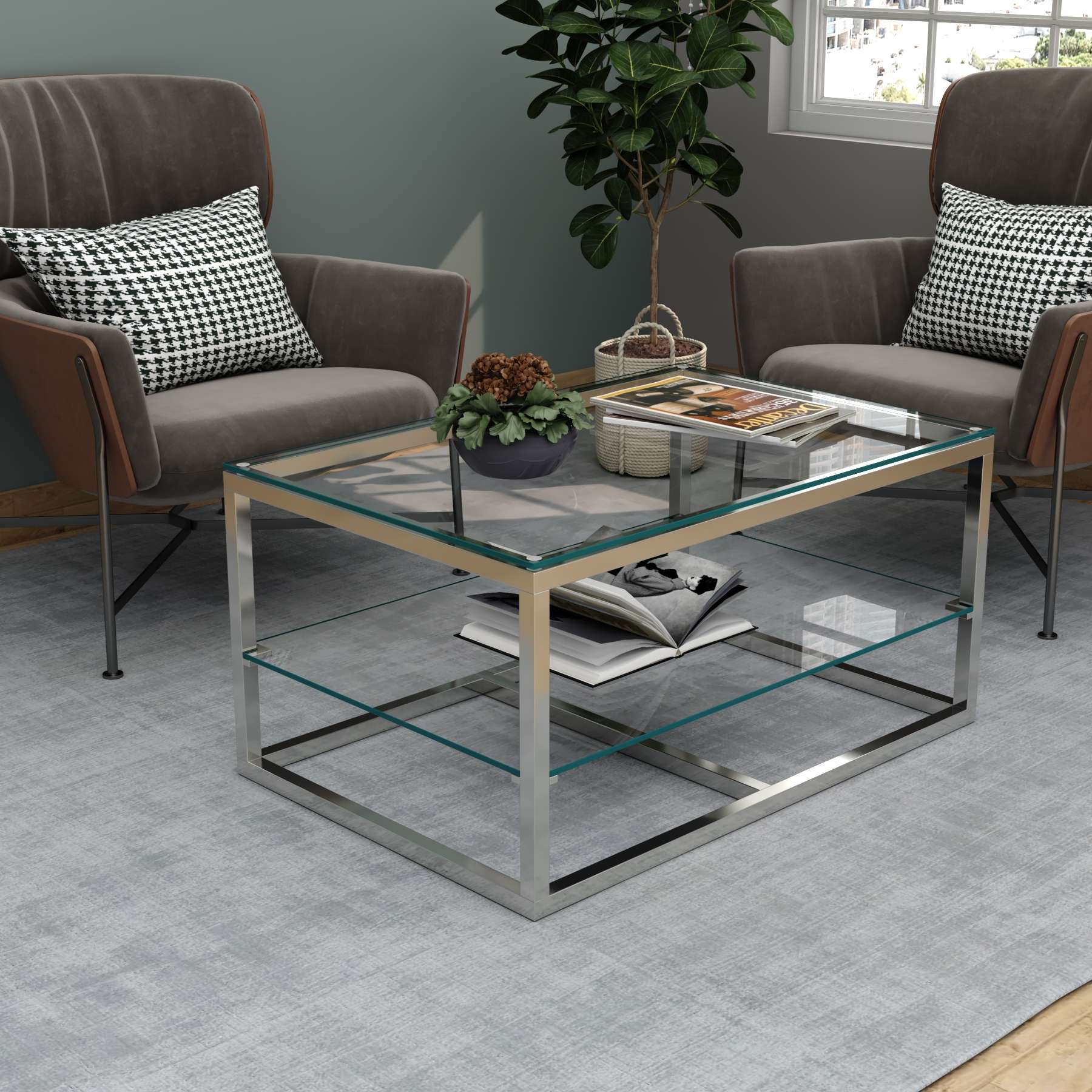 Stainless Steel Coffee Table with Storage Shelf & Glass Top ...