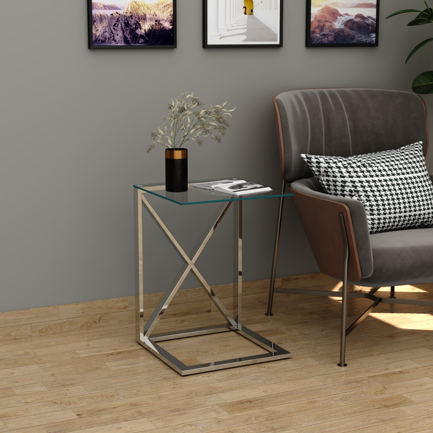 Stainless Steel C Shape End Table with Glass Top - Rigidindustries
